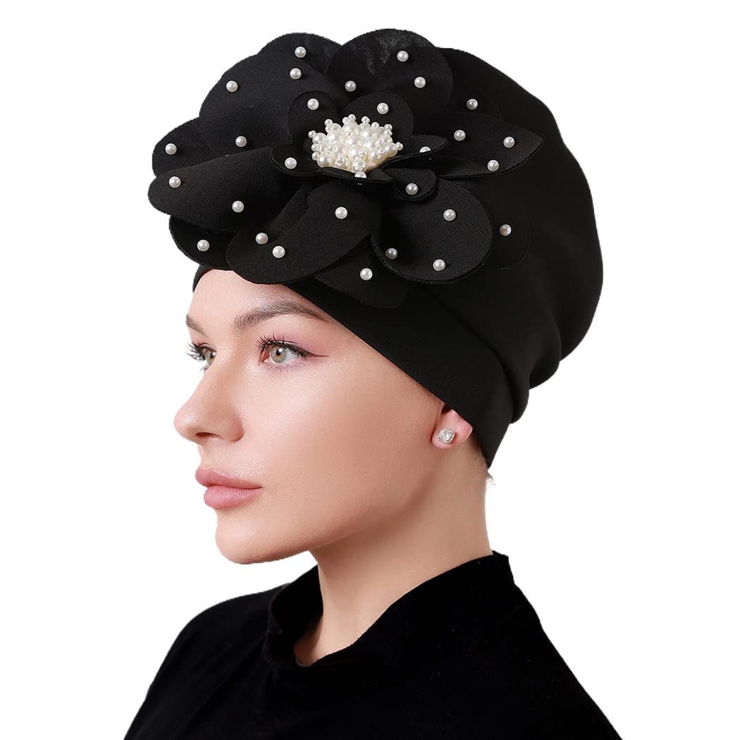 Urieo Pearl Head Wrap Hat African Beanie Headwrap Women Turban Flower Caps
