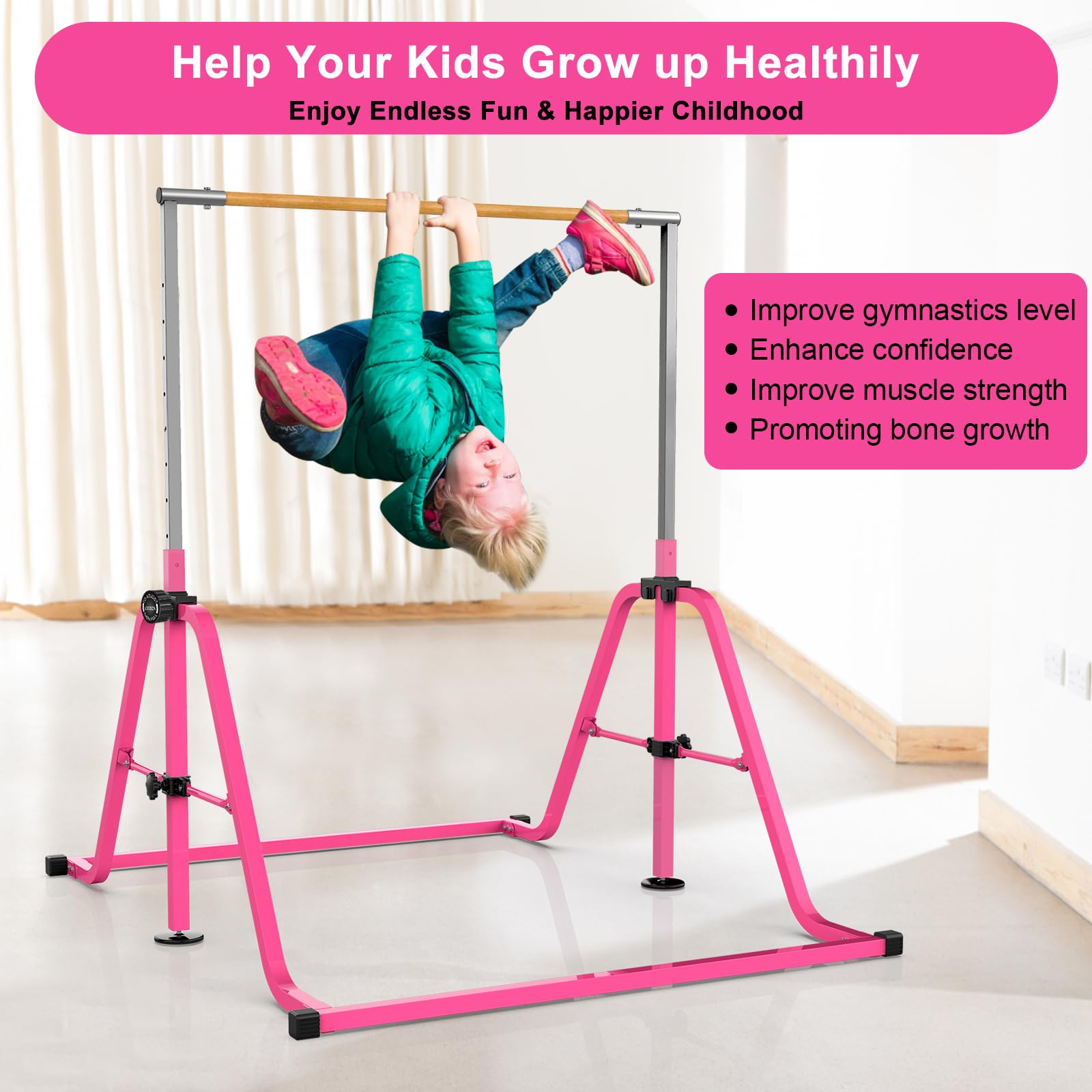 Tenpeek Gymnastics Bars for Home Ages 8-12, 3' to 5' Adjustable Height Gymnastic Horizontal Bars, Junior Training Bar Kids Folding Training Monkey Bars for Kids