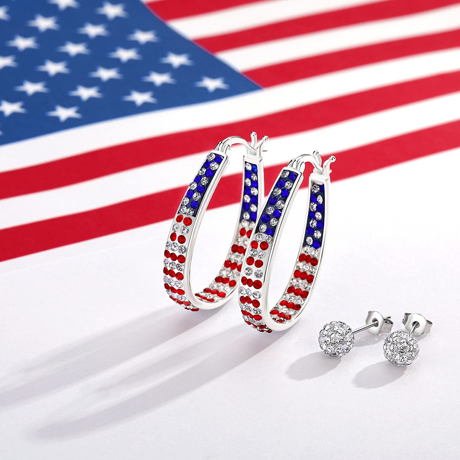 Silver Plated Oval Inside Out Crystal Hoop Earrings For Women Patriotic Earrings Fashion Jewelry