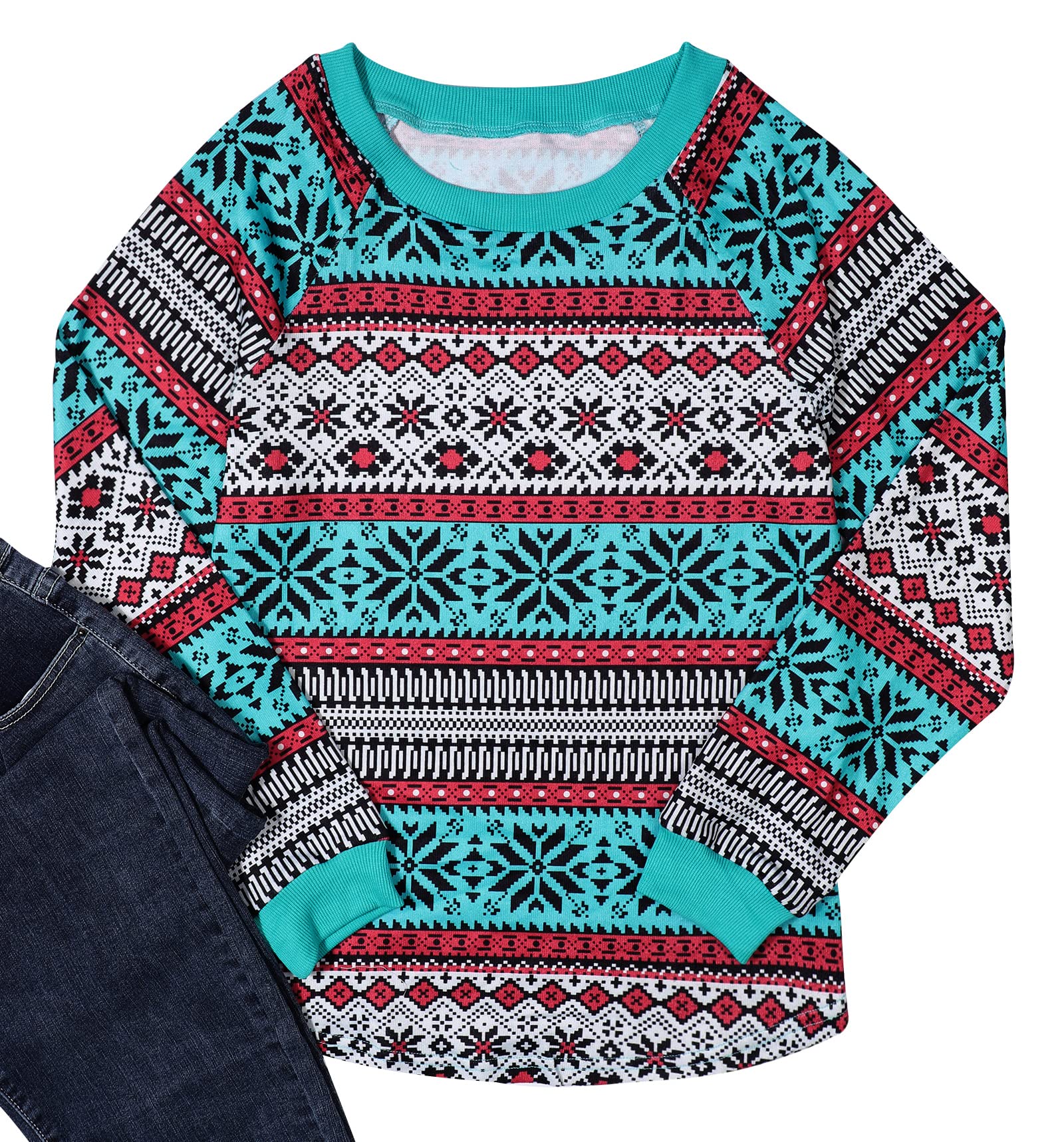 UNIQUEONE Christmas Sweatshirts For Women Xmas Snowflake Shirts Raglan Sleeve Blouse Loose Knitted Pullover Tops Blue