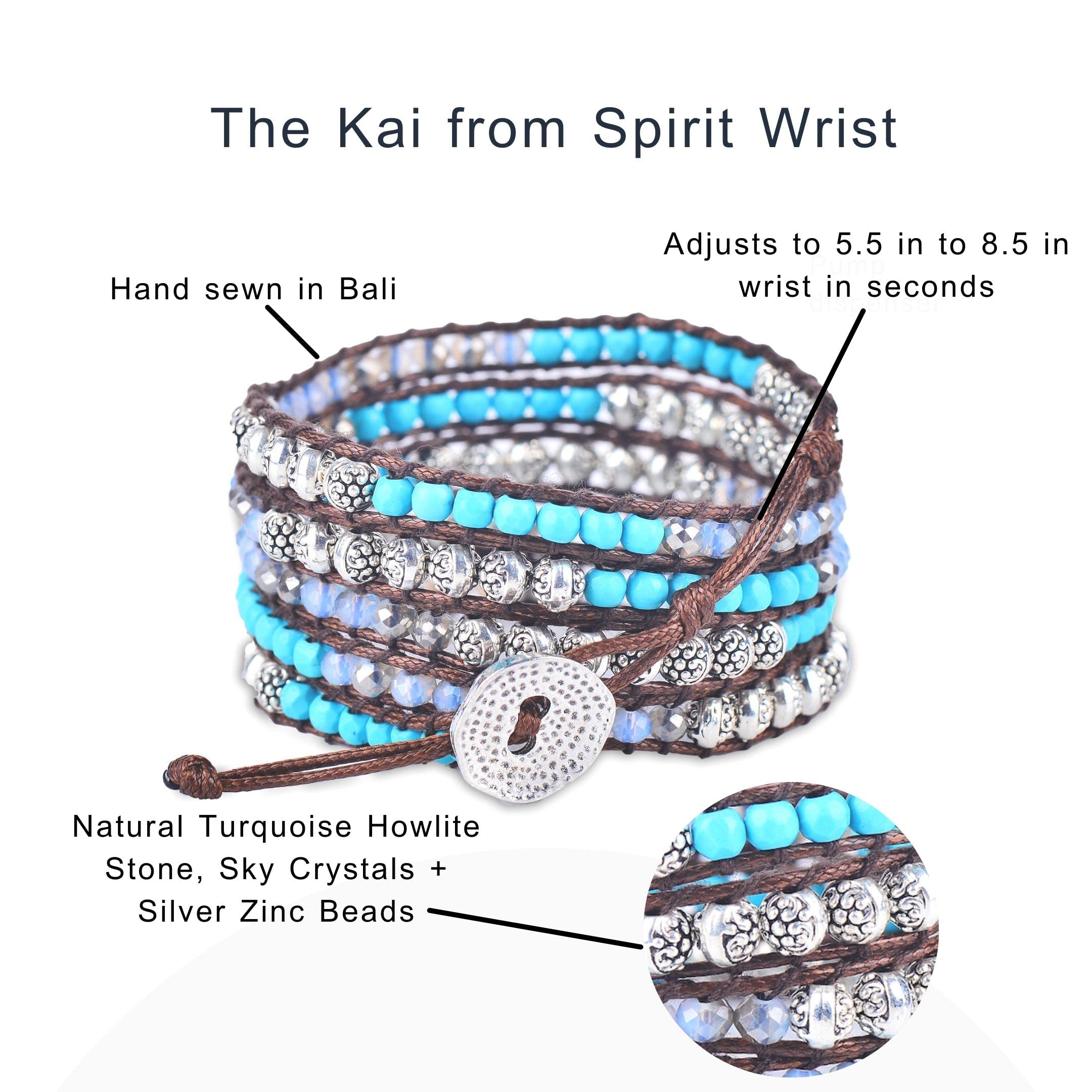 spirit wrist Turquoise Bead, Sky Crystals, Silver Zinc + Brown Kai Boho Wrap Bracelet
