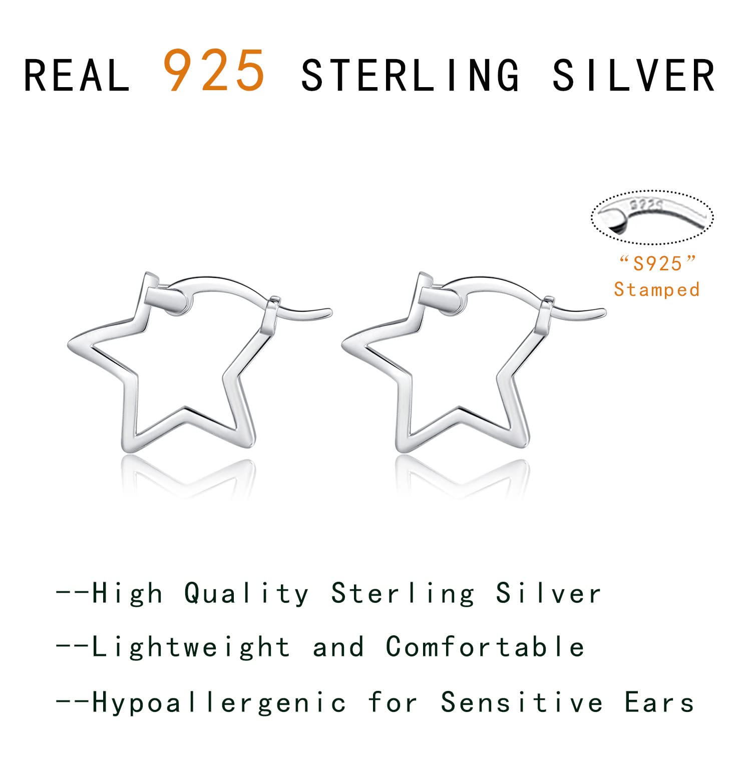 Reffeer Solid 925 Sterling Silver Minimalist Hoop Earrings Cute for Women Teen Girls Star Huggie Earrings Hoop (A-Silver)
