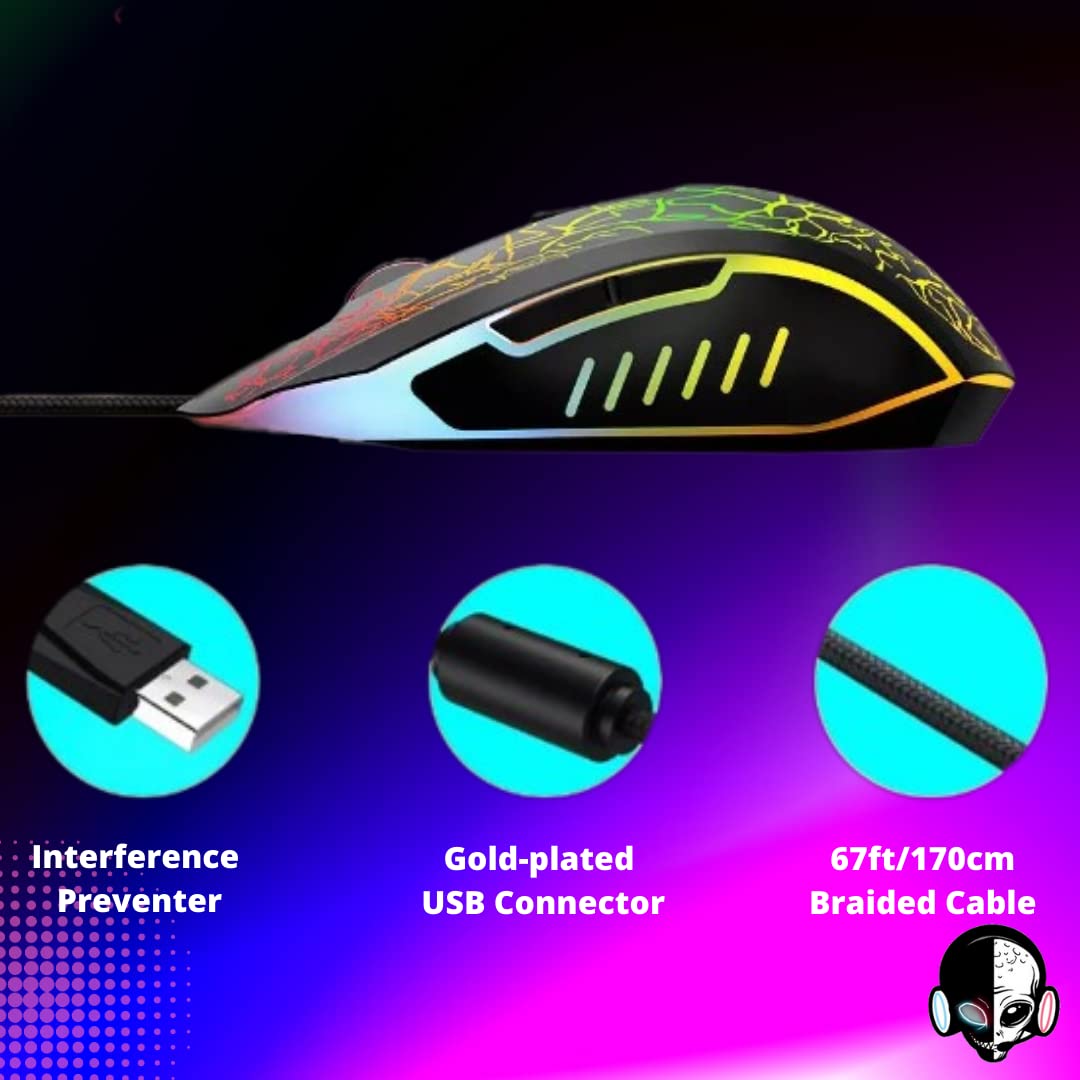 Wired Gaming Mouse Ergonomic Gamer Laptop PC Mouse with 6 Programmable Buttons and 7 Color RGB Lights for Windows 7/8/10/XP Vista Linux -Black