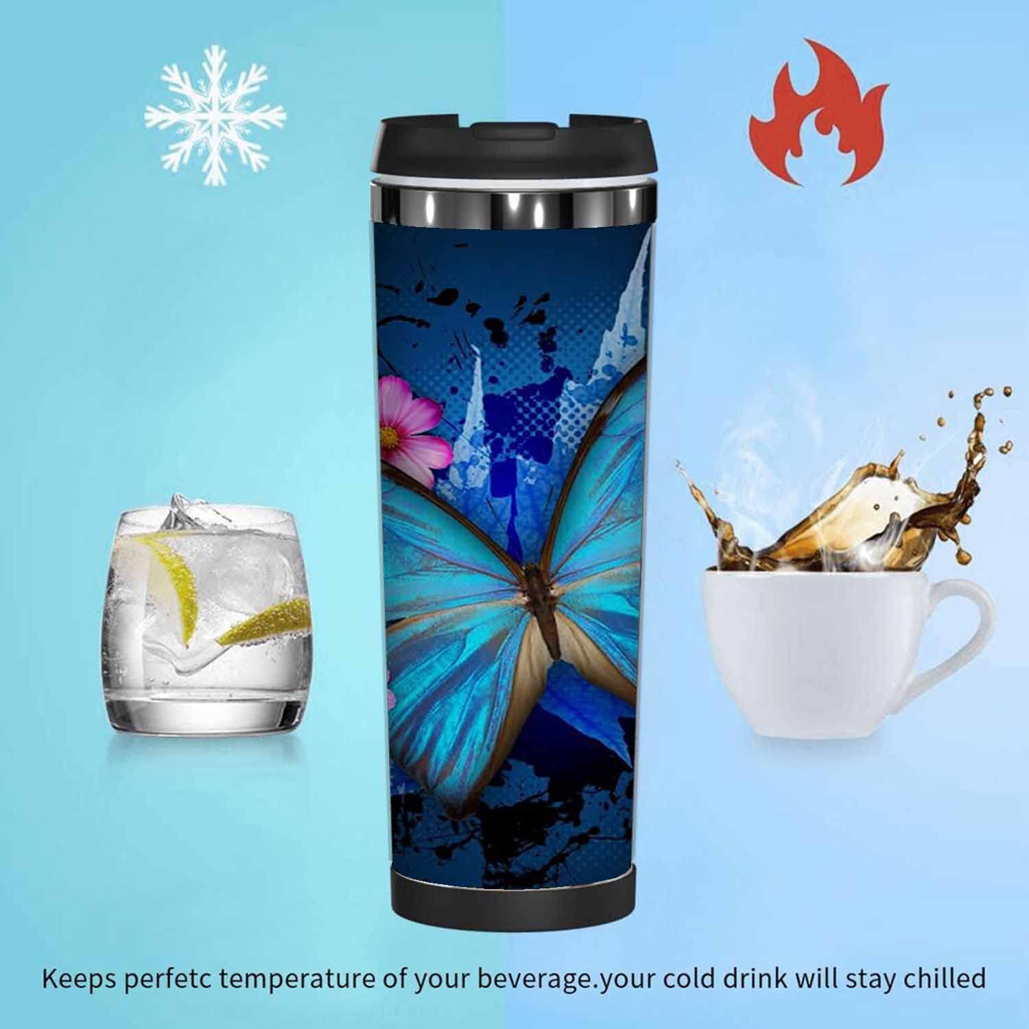 WONDERTIFY Floral Butterfly Coffee Cup Flowers Coffee Mug Stainless Steel Bottle Double Walled Thermo Travel Water Metal Canteen Blue Purple