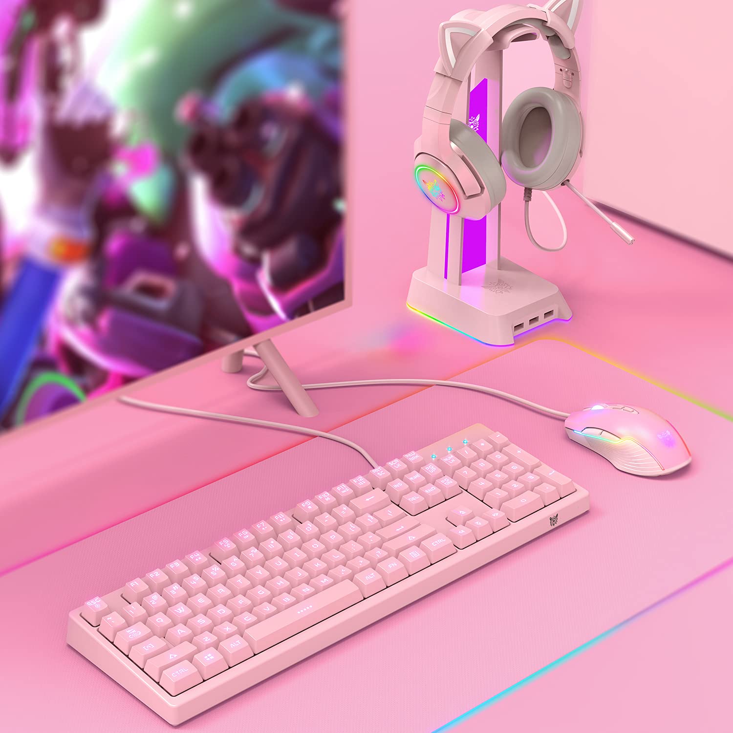 SIMGAL Pink Wired Gaming Keyboard and Mouse Combo, 3-Color LED Backlit Gaming Keyboard and RGB Mouse with 6 Adjustable DPI for PC/Laptop/Win7/Win8/Win10