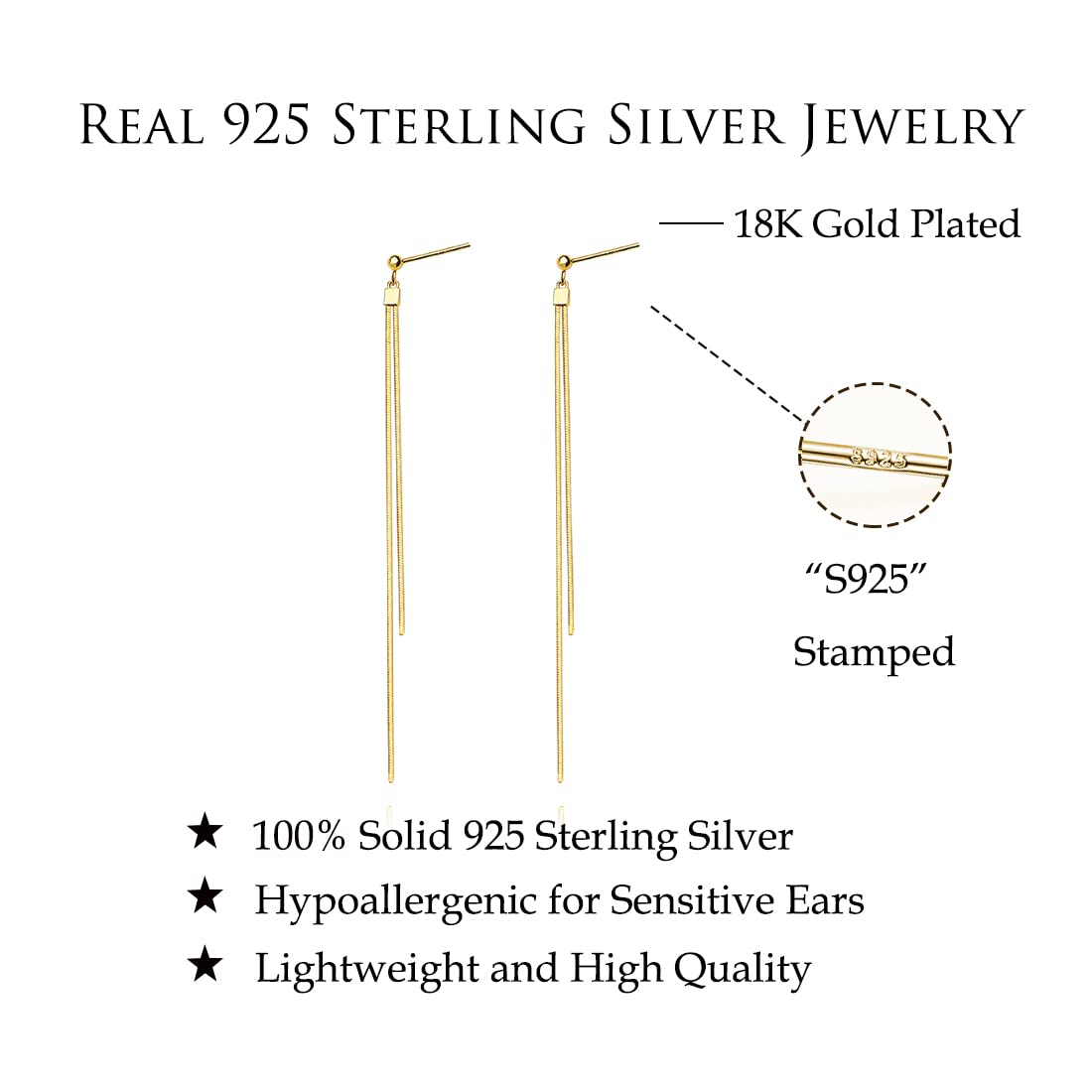 Reffeer Solid 925 Sterling Silver Tassel Chain Dangle Earrings for Women Teen Girls Long Dangle Drop Earrings Minimalist (B-18K Gold)