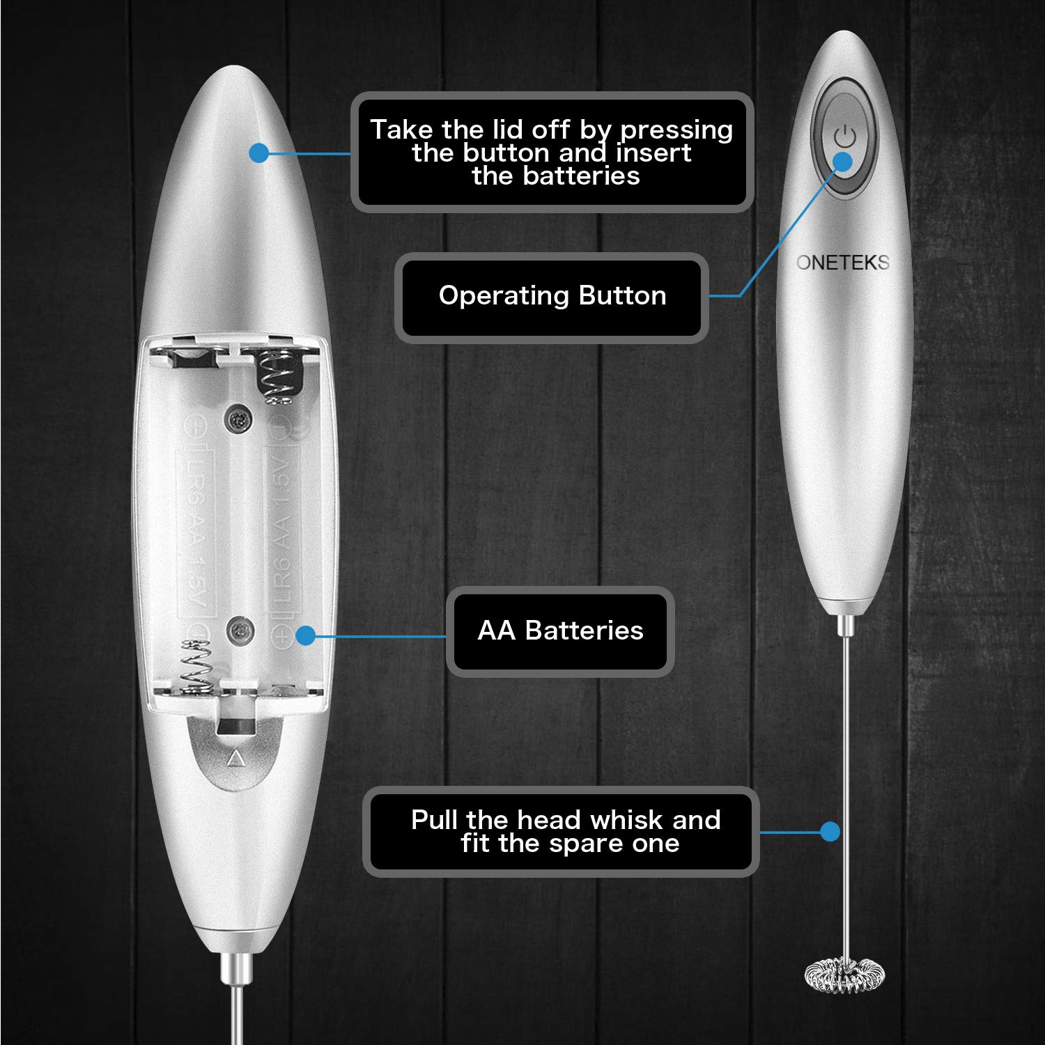 ONETEKS Milk Frother Handheld Battery, Electric Hand Foamer Blender Durable Drink Mixer including Stand, Maker For Coffee, Latte, Cappuccino, Hot Chocolate(Silver)
