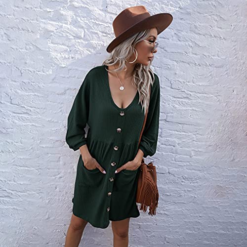 Waffle Swing Dress for Women Deep V Neck Long Sleeve Ruched Dress Solid Color Button Pockets Loose Dress