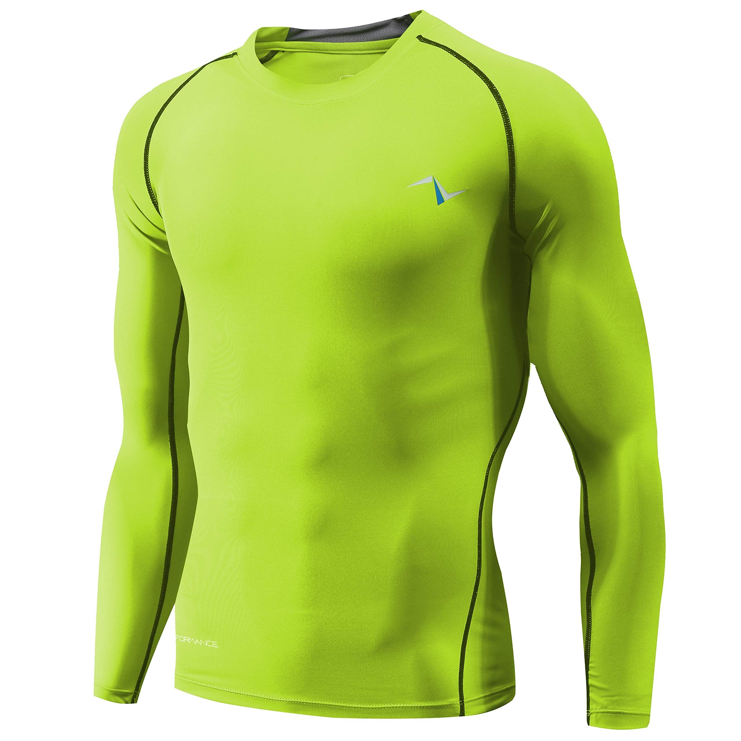 NOOZ Men's Cool Dry Compression Baselayer Long Sleeve T Shirts - Neon Green, Large