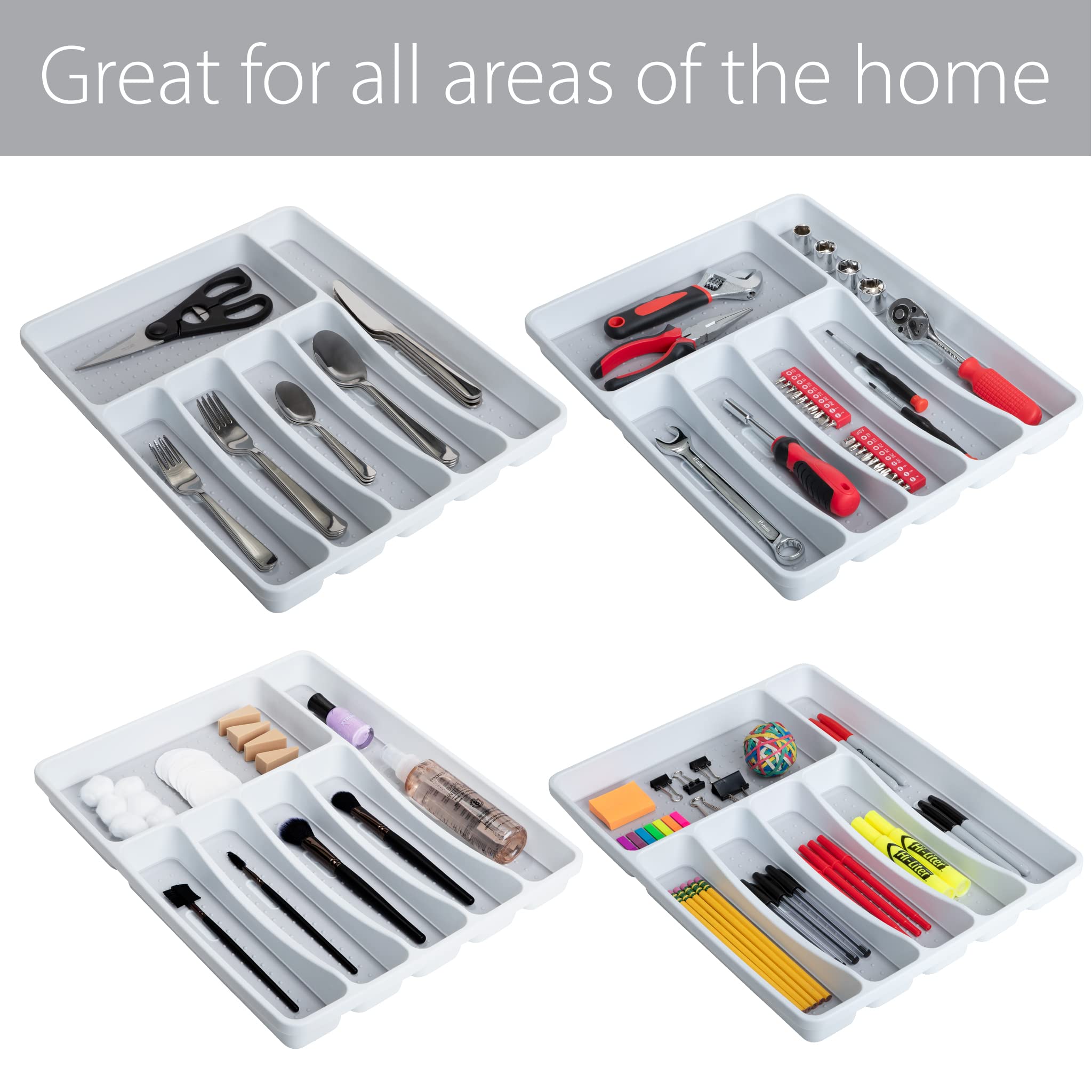 Smart Design 6 Compartment Plastic Drawer Organizer - Non-Slip Lining and Feet - BPA Free - Utensils, Flatware, Office, Personal Care, or Makeup Storage - Kitchen - White with Gray