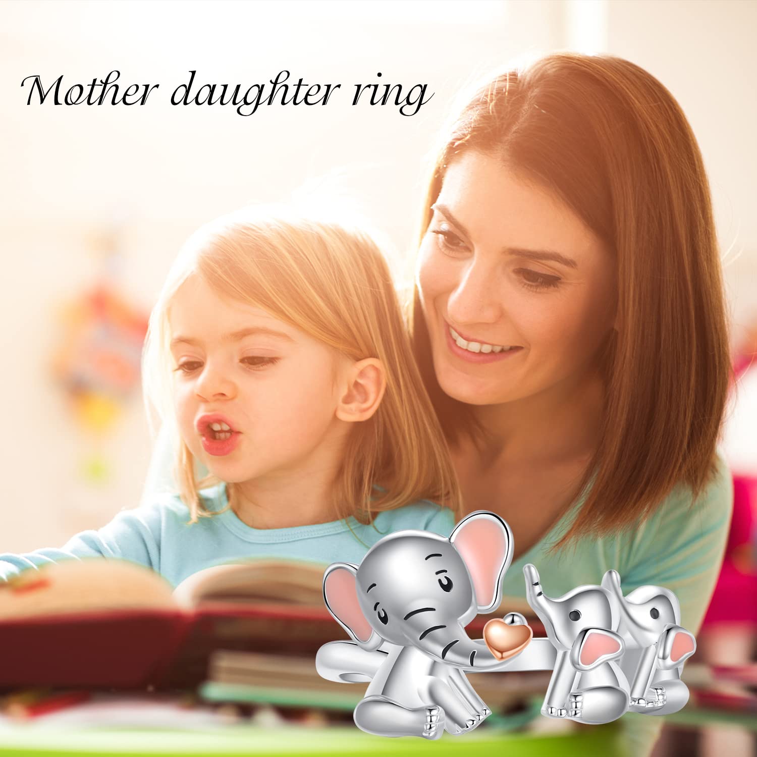 Teioa Sterling Silver Elephant Ring Mother Daughter Ring Gift for Women Mother Day’s