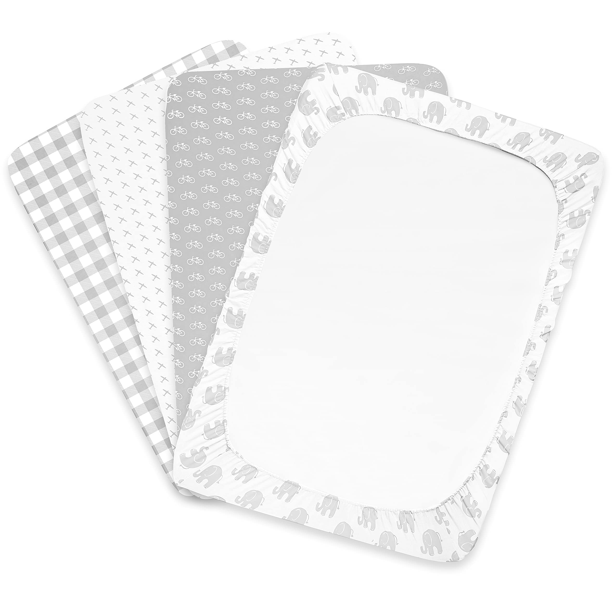 Pack n Play Sheets – Pack and Play Sheets 4 Pack – 100% Super Soft Jersey Knit Cotton Playard Mattress Sheets – Portable Playpen Sheet – Fitted Play Yard Mini Crib Sheets for Boy & Girl (24 x 38 x 5)