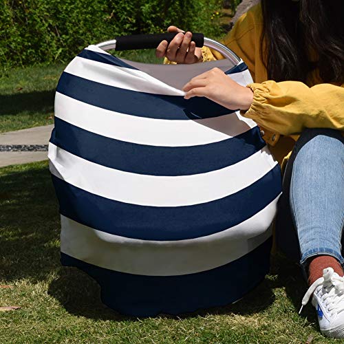 Nursing Cover Carseat Canopy, White Navy Stripes Nautical Decor Soft and Breathable Stroller Covers for Breastfeeding Infants, Multiuse-Nursing Scarf,Stretchy Babysitting Scarf