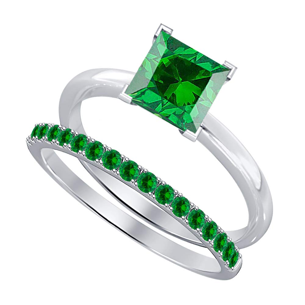 Solitaire 3.65 cttw Princess Cut Green Emerald Wedding Band Engagement Bridal Ring Set for Women 14k White Gold Over .925 Sterling Silver