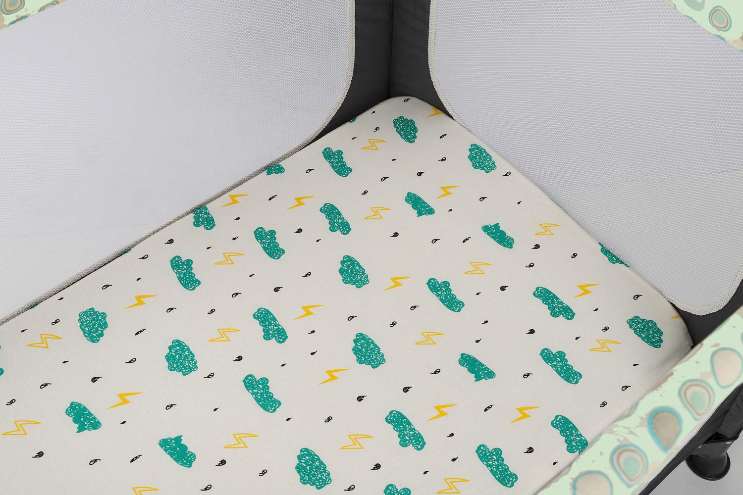 Pack n Play Sheet Fitted 2 Pack Playard Mattress Cover 100% Jersey Cotton Ultra Soft Stretchy Portable Mini Crib Sheets for Baby, Clouds Raindrops Prints Green and White