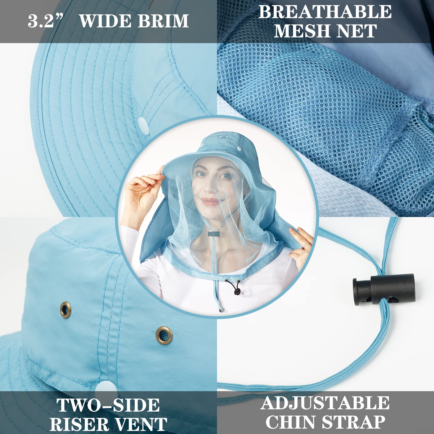 Palmyth Head Net Hat, Sun Hat Safari Hat Bucket Hat with Hidden Mesh Net Grey