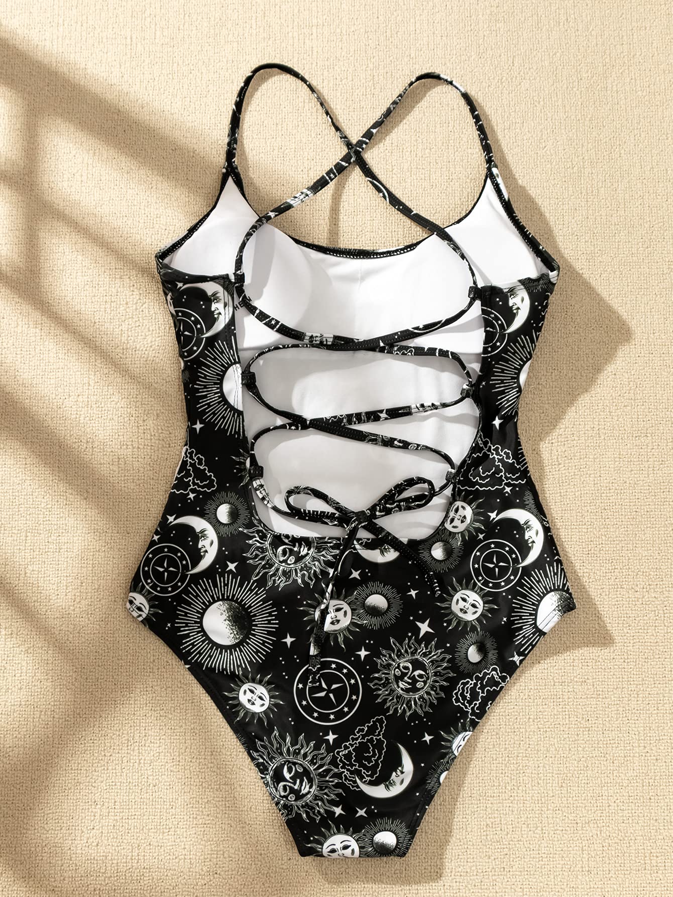 SOLY HUX Women's Plunge Neck Cross Back High Cut One Piece Bathing Suits Swimsuit Black Sun Moon XL