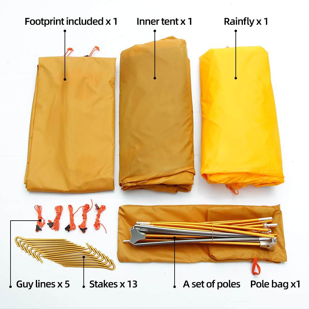 Three Donkeys Breeze-Up 1, 2 and 3 Person Lightweight Waterproof Camping and Backpacking Hiking Tent with Footprint (3P-Yellow Orange)