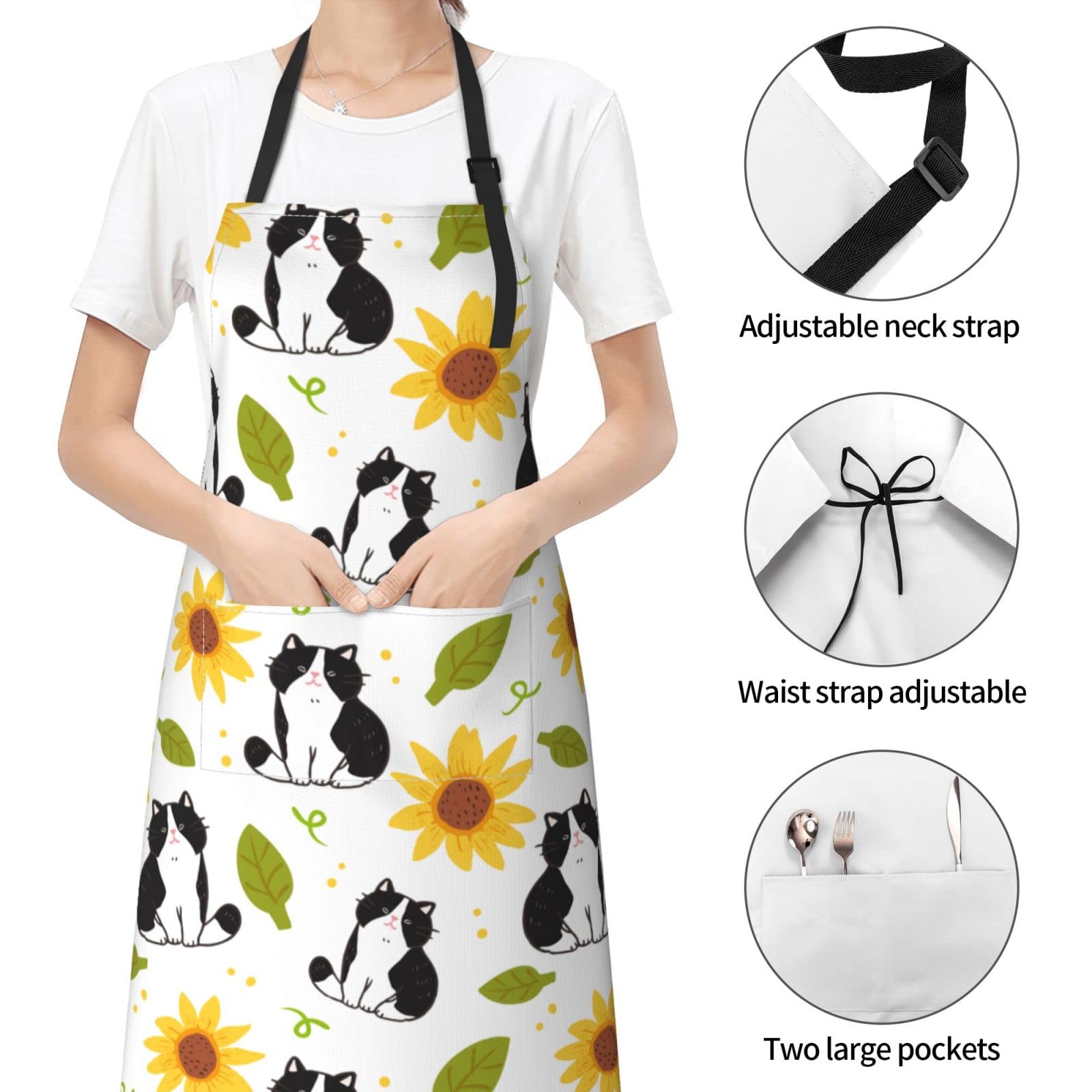 Wisedeal Cat and Sunflower Adjustable Bib Neck Apron Polyester with 2 Pockets Cooking Kitchen Aprons for Men and Women Chef, Mom Aunt Apron for Christmas Birthday Gifts for Grilling BBQ Chef Apron