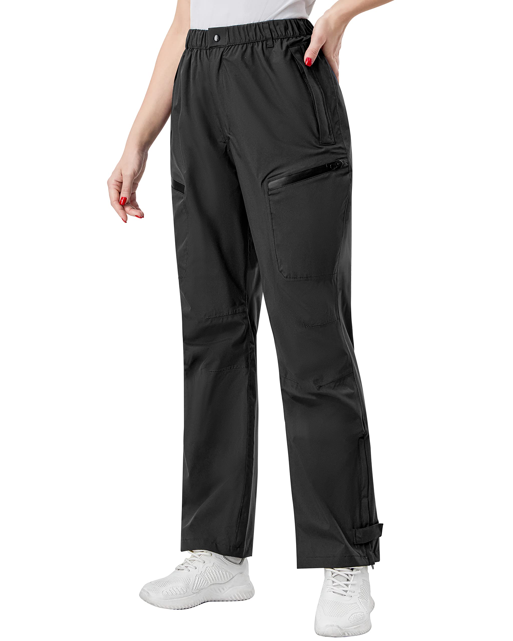 Women's Rain Pants, Waterproof Rain Over Pants Lightweight Packable Windproof Hiking Pants Outdoor Golf Work Black