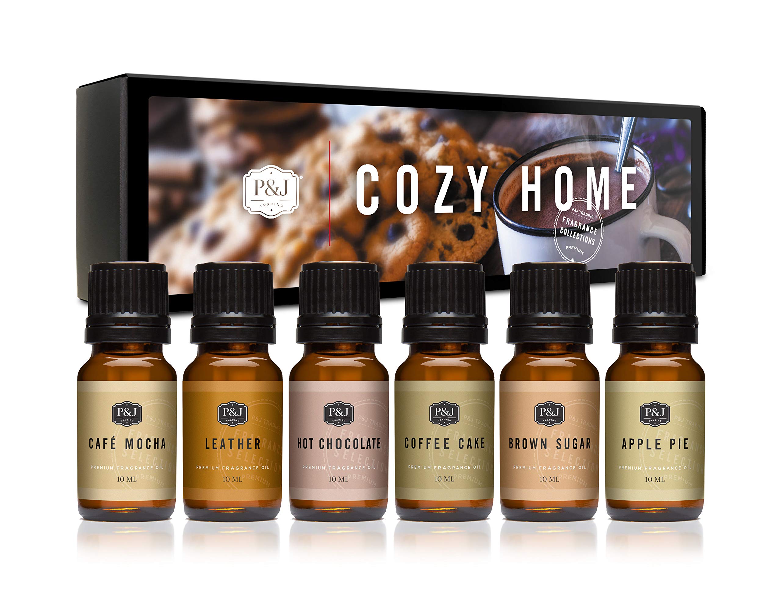 P&J Trading Cozy Home Set of 6 Fragrance Oils - Brown Sugar, Apple Pie, Coffee Cake, CafƩ Mocha, Leather, Hot Chocolate Scented Oils for Candle Scents, Soap Making, Diffuser Oil