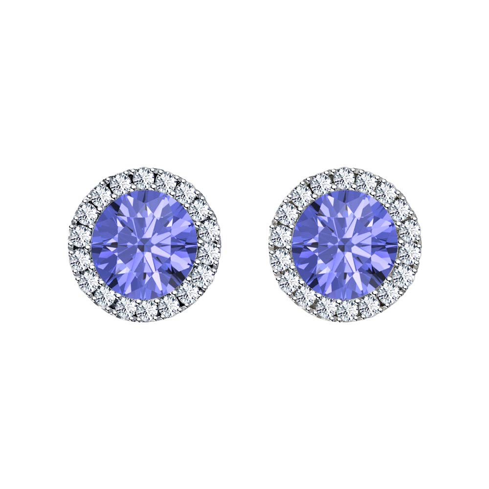 Round Cut Tanzanite & CZ Diamond Halo Stud Earring For Women Girls 14k White Gold Over .925 Sterling Silver