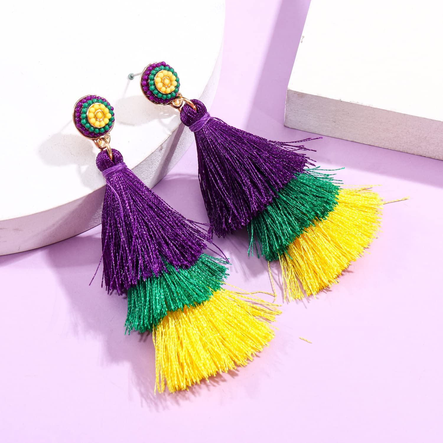 VOGUEKNOCK Mardi Gras Earrings Beaded Ear Stud Tiered Tassel Drop Earrings Mardi Gras Costume Party Jewelry Accessories (Mardi Gras)