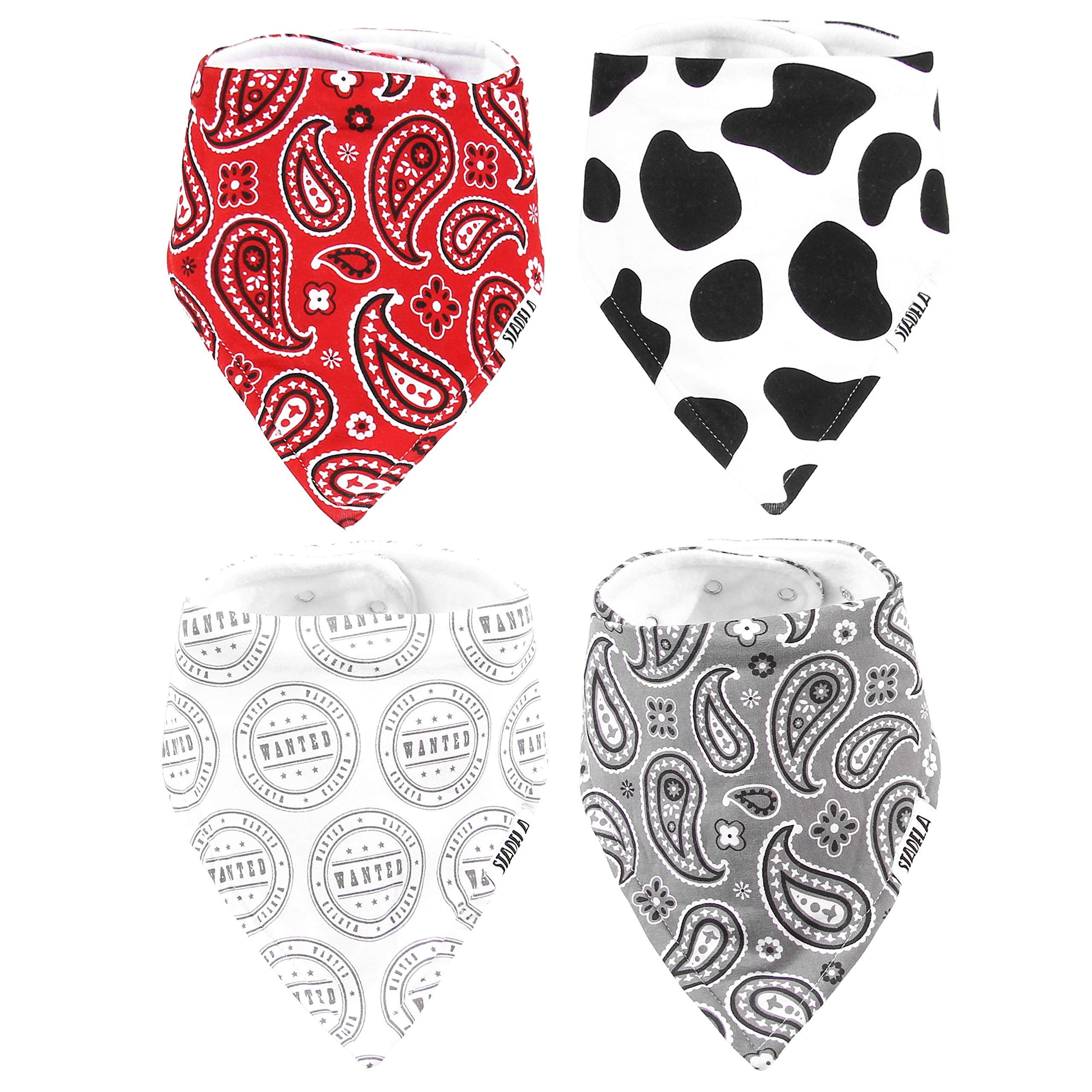 Stadela 100% Cotton Baby Bandana Drool Bibs for Drooling and Teething Nursery Burp Cloths 4 Pack Unisex Set for Girl and Boy – Western Baby Cowboy Cowgirl Cow Skin Paisley Wild West