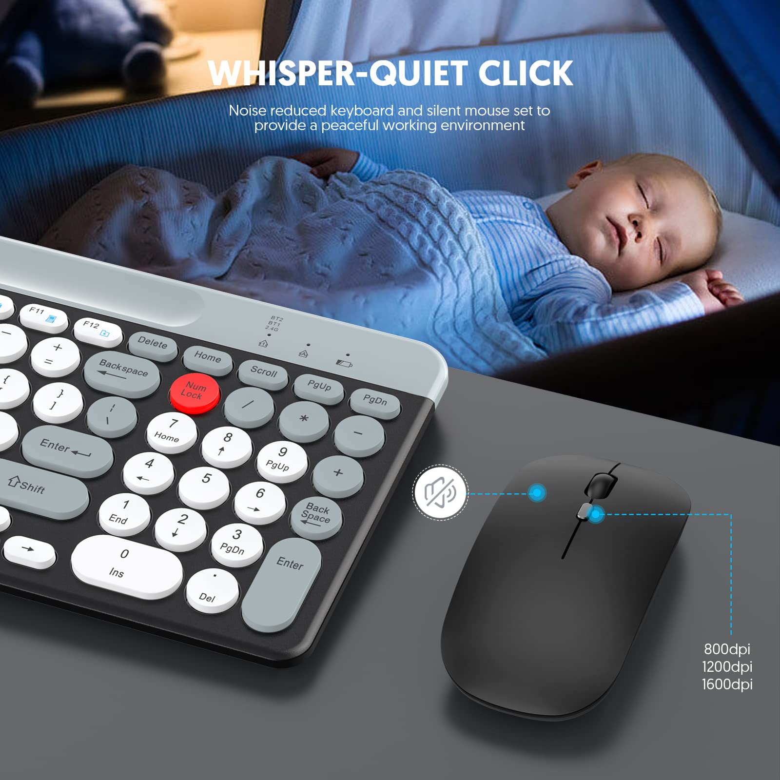 Wireless Keyboard and Mouse Combo, LORERAN 2.4G Ergonomic Wireless Computer Keyboard with Phone Tablet Holder, Silent Mouse, Compatible with MacBook, Windows (Black)