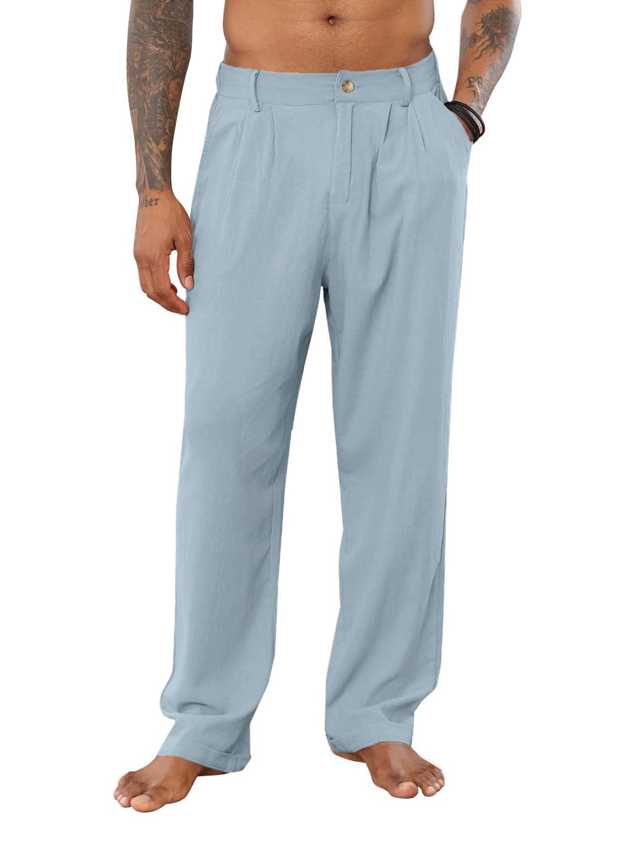 PASLTER Mens Casual Cotton Linen Pants Loose Fit Elastic Waist Yoga Beach Trousers with Pockets Grey