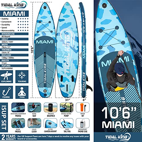Tidal King Miami 10' 6" Stand Up Paddle Board ISUP - with Adjustable Paddle, Top Accessories - Pump, Leash & Backpack - Standard SUP or Kayak Kit Options (SUP/Kayak)