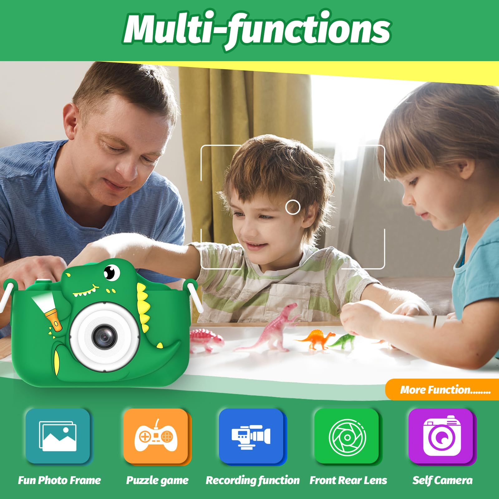 OUTUVAS Dinosaur Kids Camera for Boys, 12MP, 1080P HD Video, Rechargeable Battery, 32GB SD Card, Portable Lanyard, Educational Games, Green, 3-12 Years