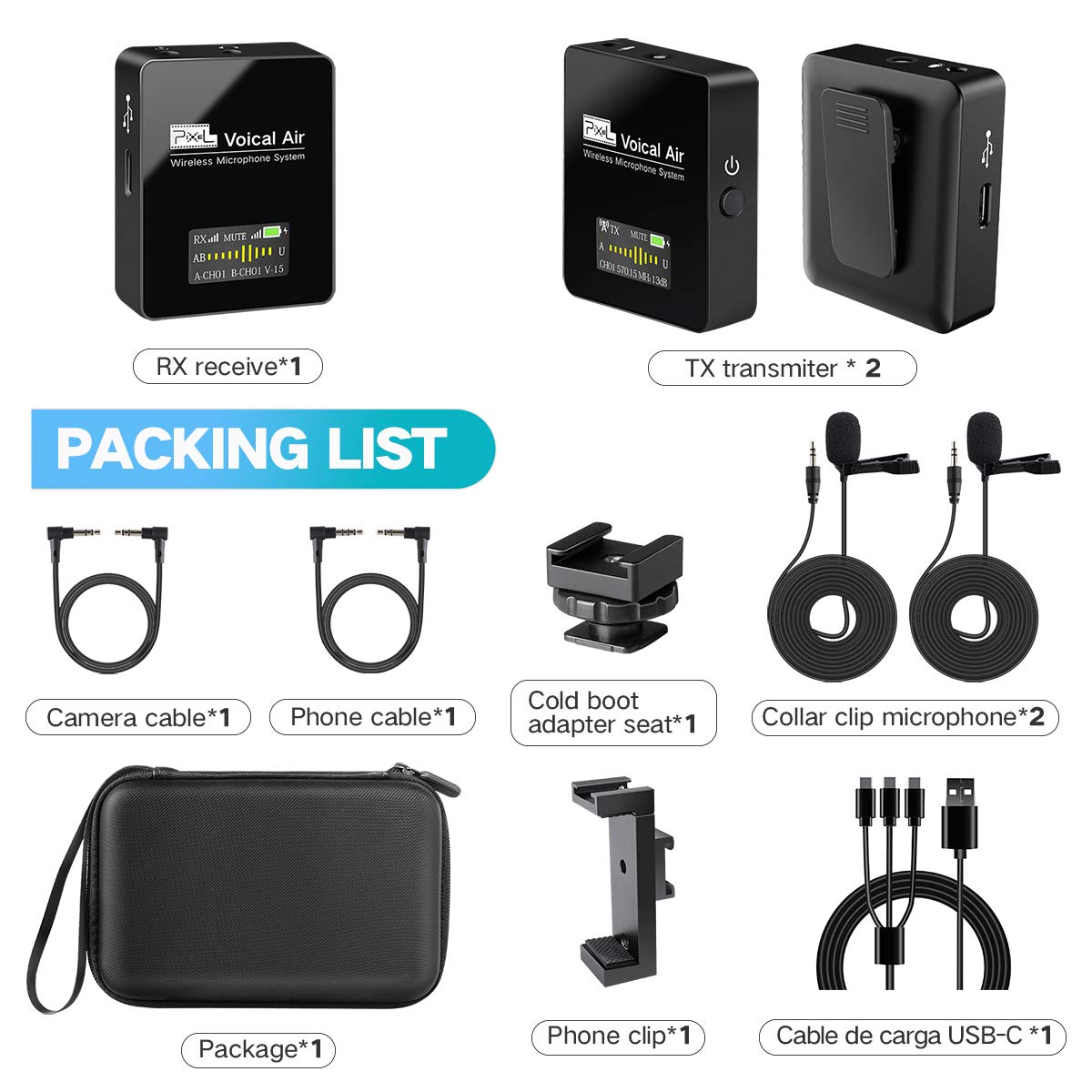 PIXEL UHF Wireless Lavalier Microphone System with 1 Receiver, 2 Transmitters, and 2 Lapel Microphones Compatible with Camera,Smartphones,DSLR,and Video Cameras,Mobile Devices YouTube Facebook Live