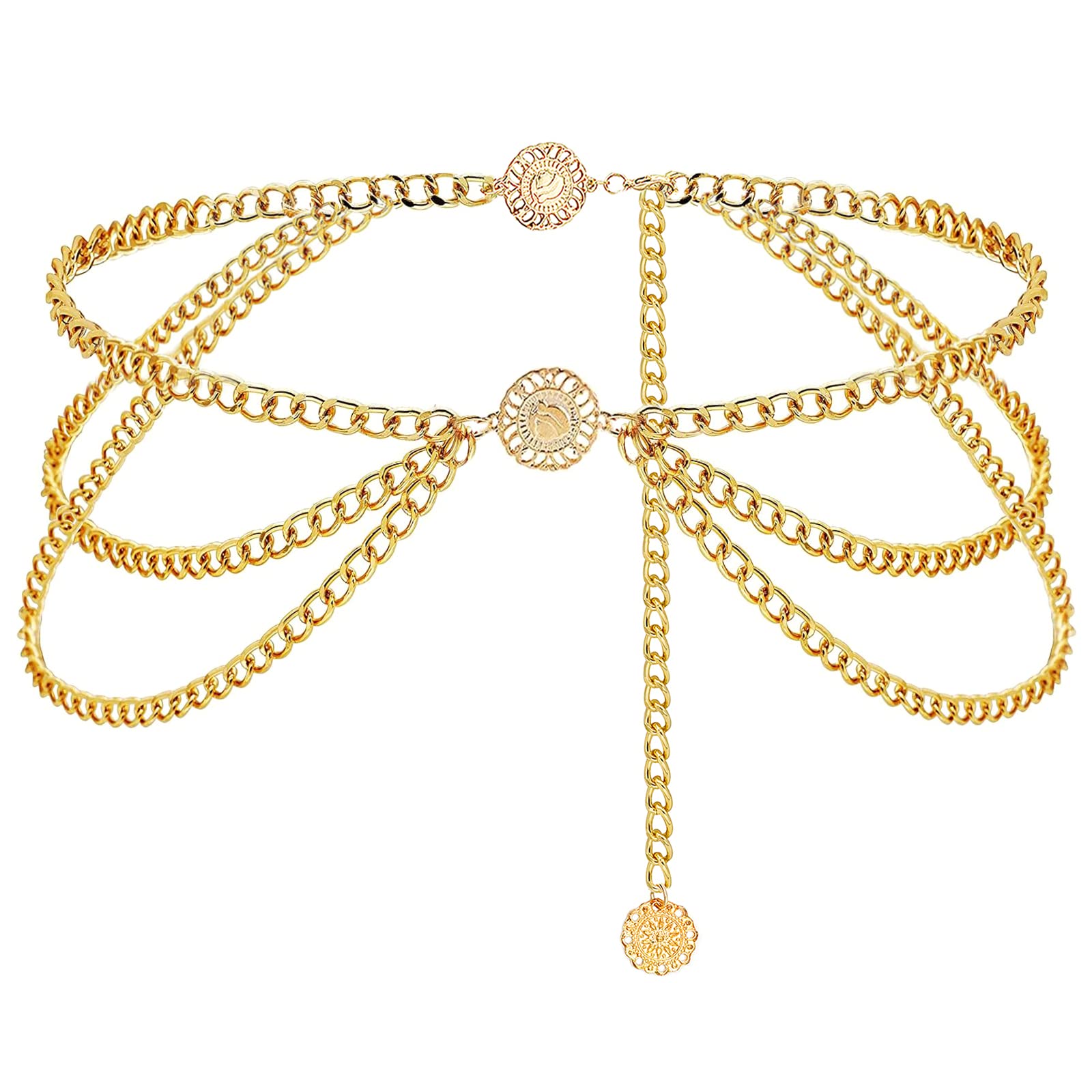 Wovanoo Multilayer Chain Belts for Women Layered Metal Waist Belt Boho Belly Chain Gold Sunflower 110cm