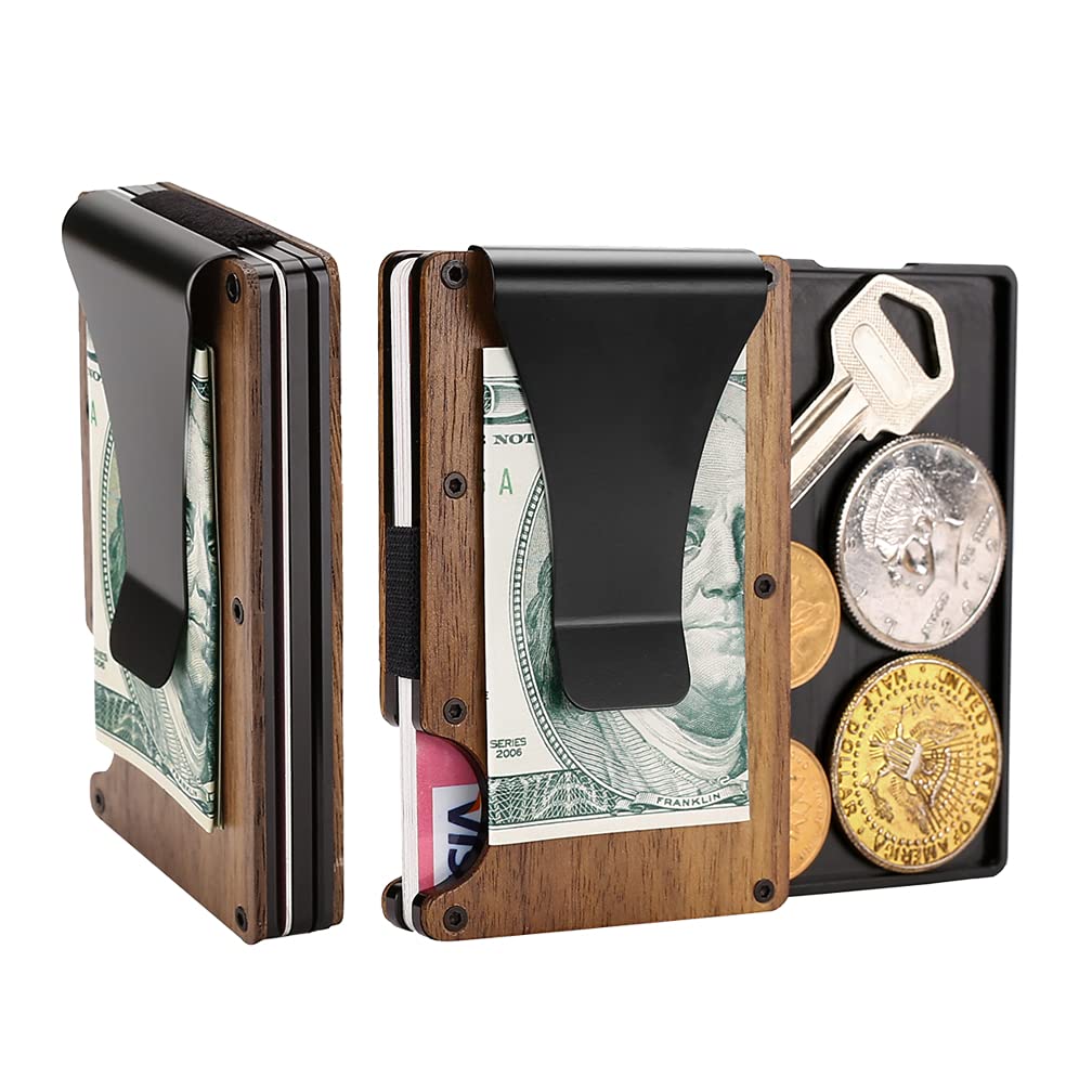 UpLook Wooden Credit Card Holder Wallet RFID Mens Slim Wallet with Money Clip (Walnut)