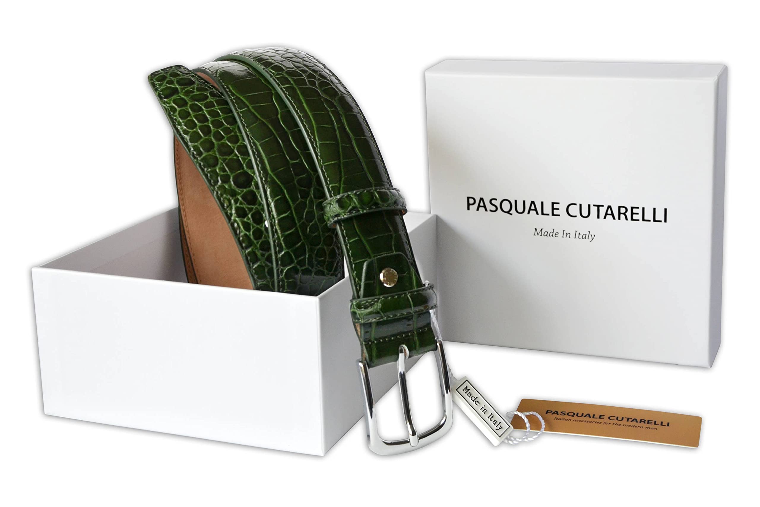 PASQUALE CUTARELLI Mens Crocodile Pattern Italian Leather Belt Green Medium 36 Inches