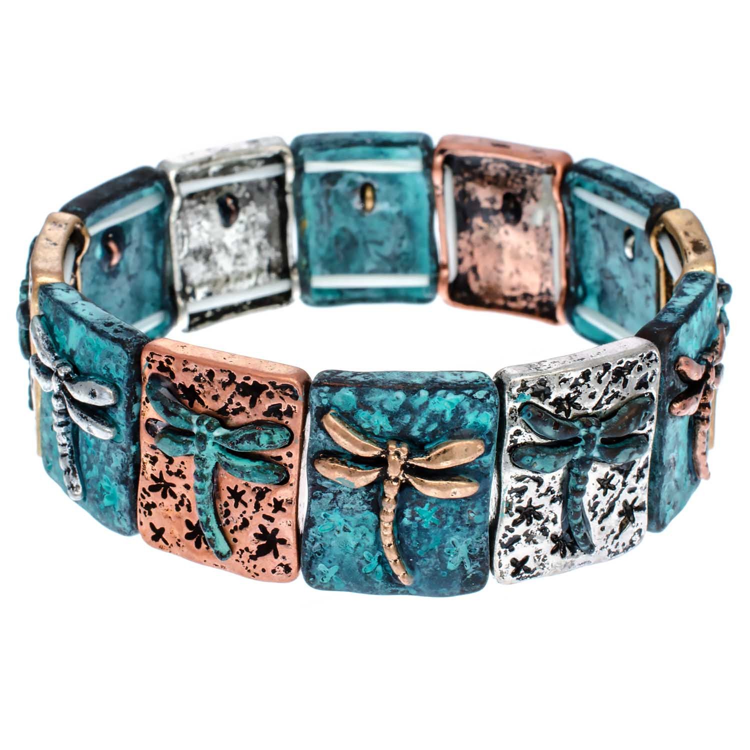 PammyJ Tri-Tone Dragonfly Stretch Bracelet with Patina Finish