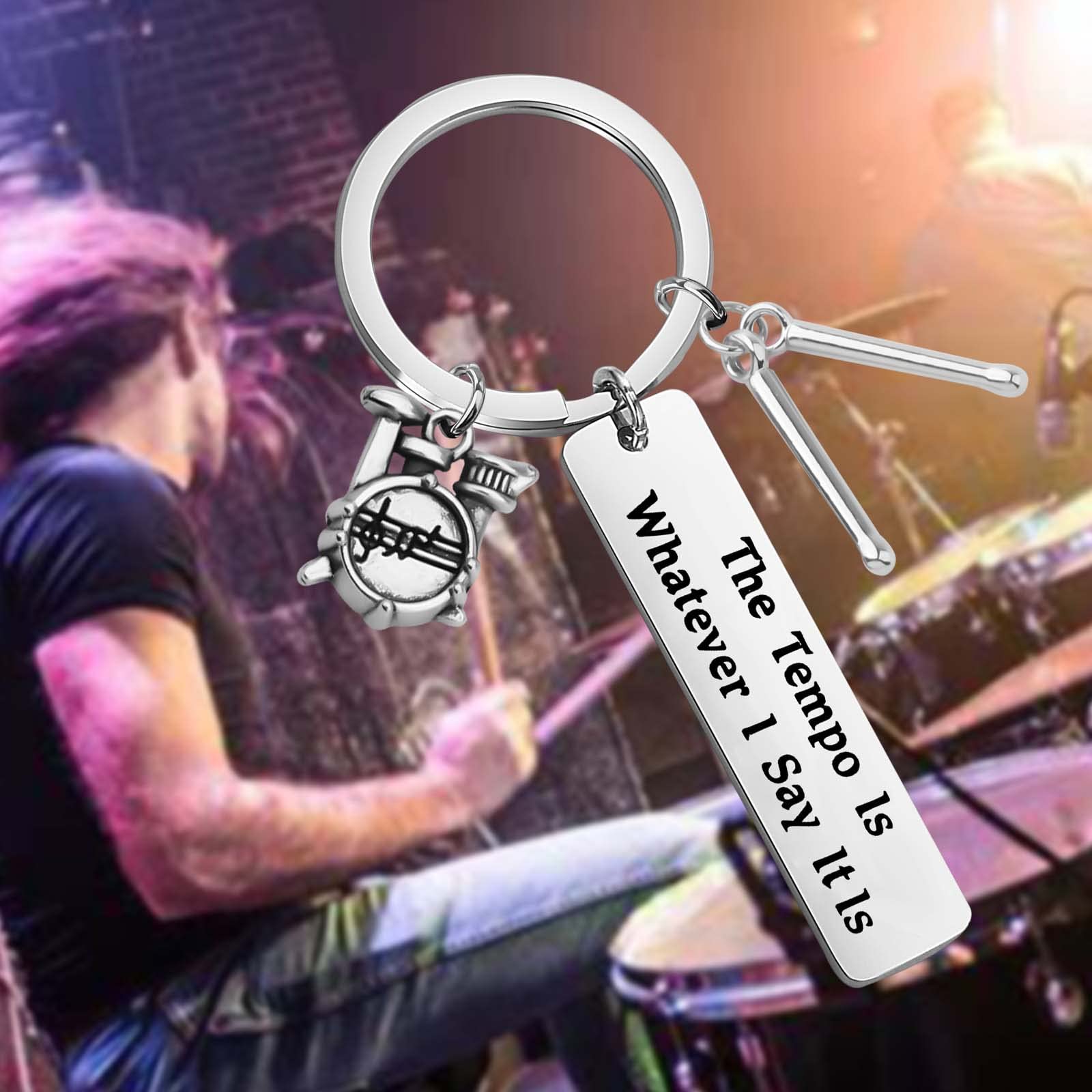 WSNANG Drum Keychain Percussionist Gift Music Teacer Drumstick and Drumkit Charms Key Chain Band Member Gifts (silver)