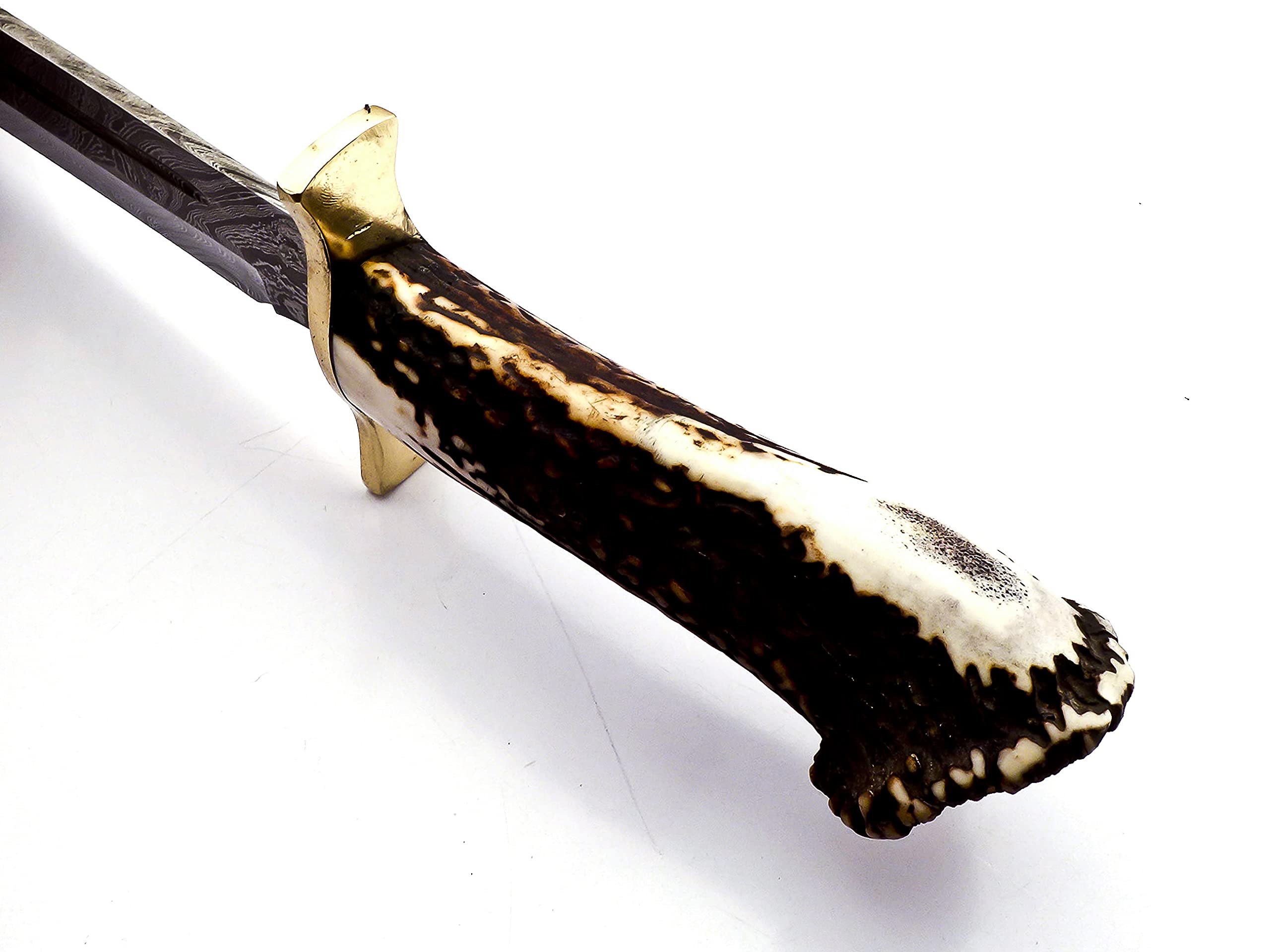 Skokie Knives Damascus Steel Bowie Knife Bull Horn Handle with & Brass Guard β16β Handmade Premium Quality Sharp Edge Fix Blade -Genuine Multipurpose Knife Ideal for Hunting, Camping (Stage B)