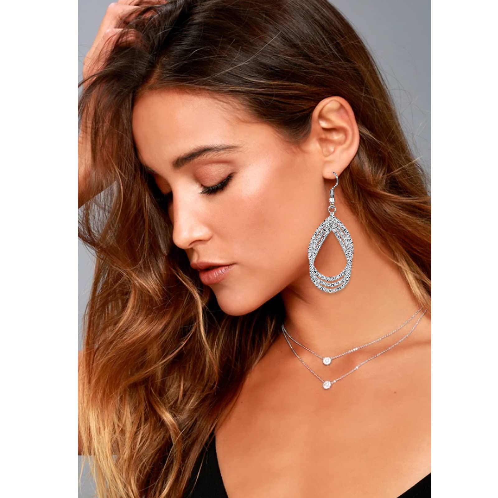Silver Rhinestone Dangle Earrings Teardrop Statement Drop Earrings Sparkly Silver Prom Bridal Earrings Wedding Jewelry