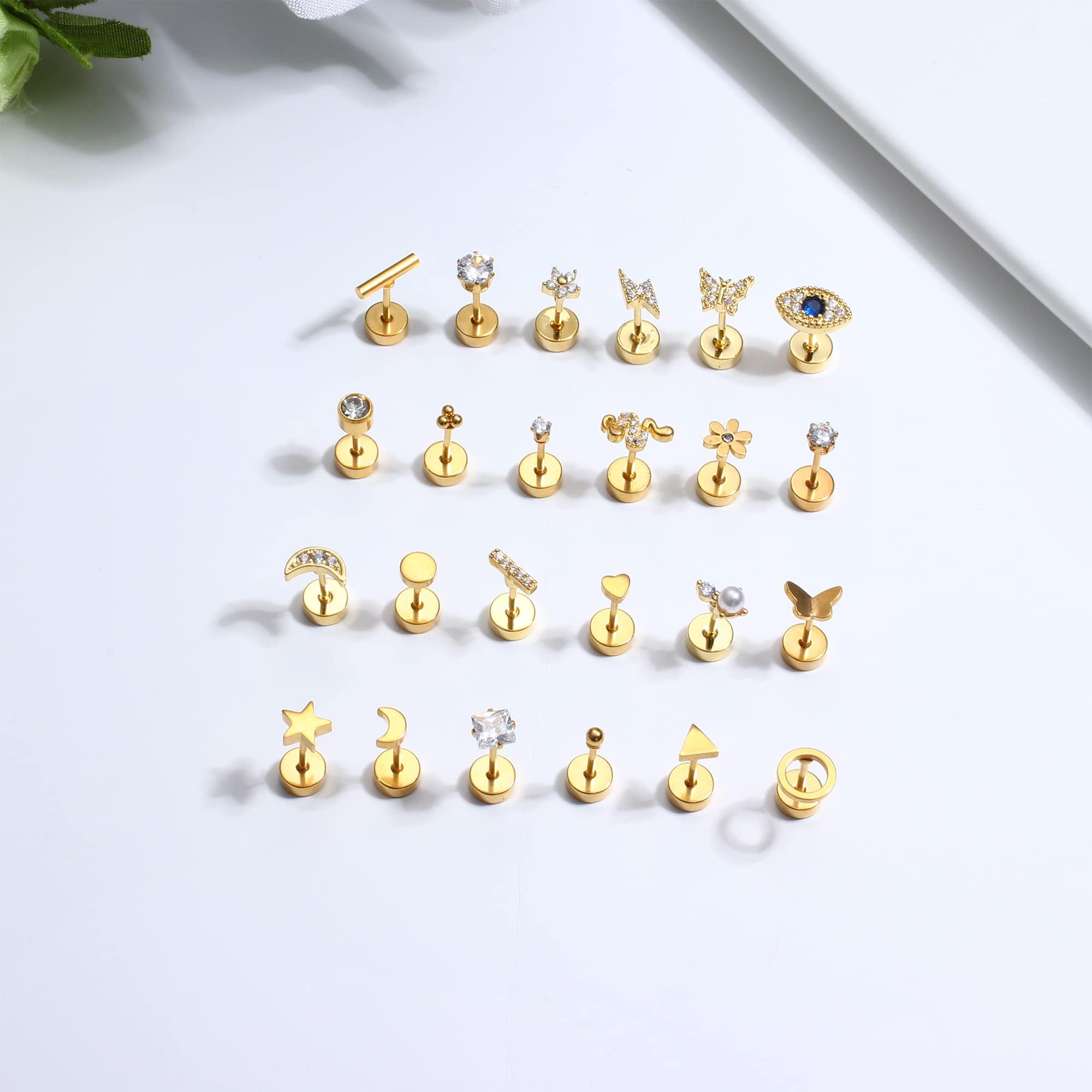 Thunaraz 24Pcs Surgical Steel Stud Earrings for Women Men 20G Tiny Cartilage Earrings Stud Small Snake Moon Star Butterfly Flower Hypoallergenic Screwback Flat Back Stud Earrings Piercing Jewelry