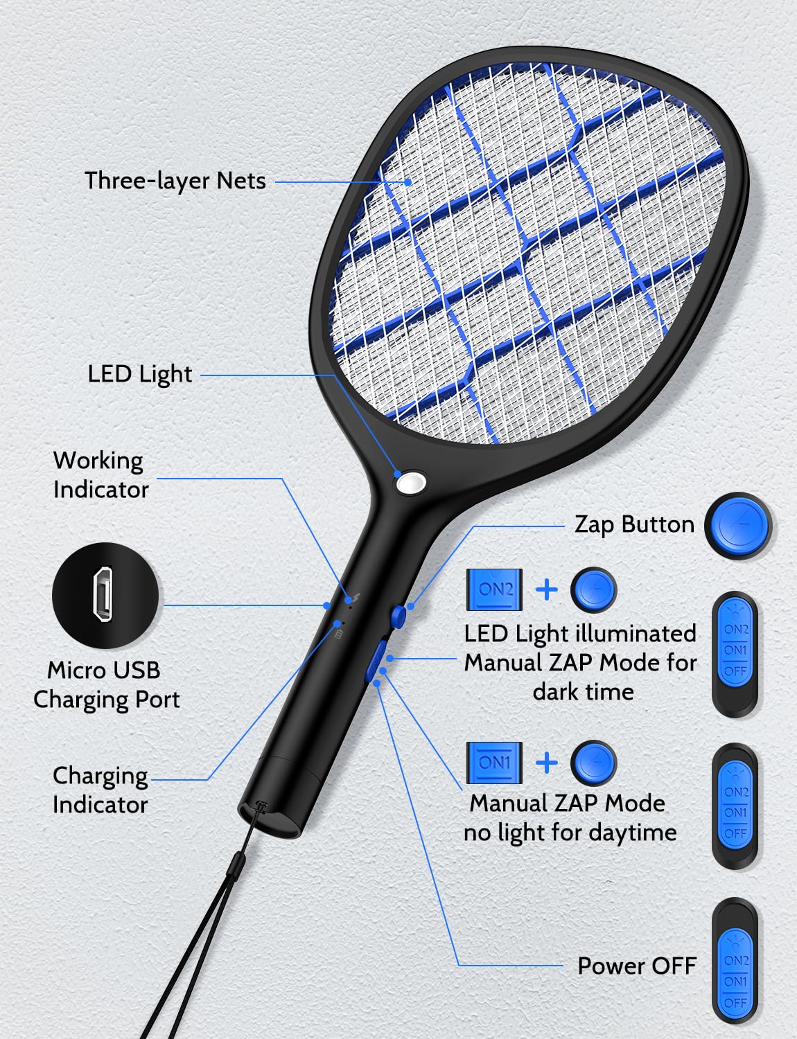 YISSVIC Electric Fly Swatter Bug Zapper Racket Rechargeable Mosquito Killer with LED Light for Indoor Home Office Backyard Patio Camping (Black)