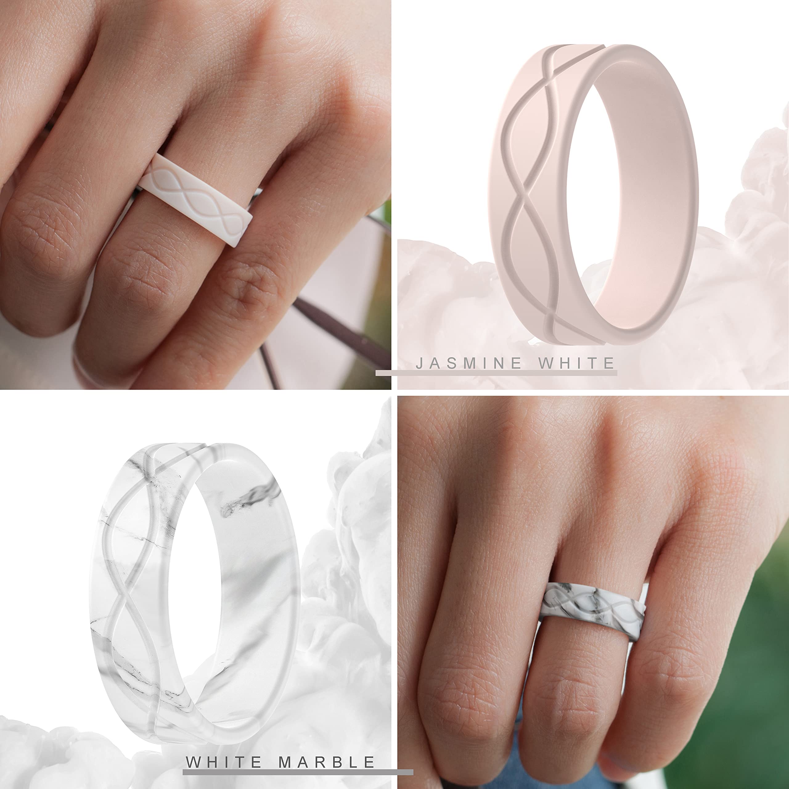 ThunderFit Silicone Wedding Bands for Women, Infinity Design 6mm Wide 1.8mm Thick - 1/4/7 Variety Multipack (Black, Marble, Rose Gold, Pink Mesh - Size 5.5-6 (16.5mm))