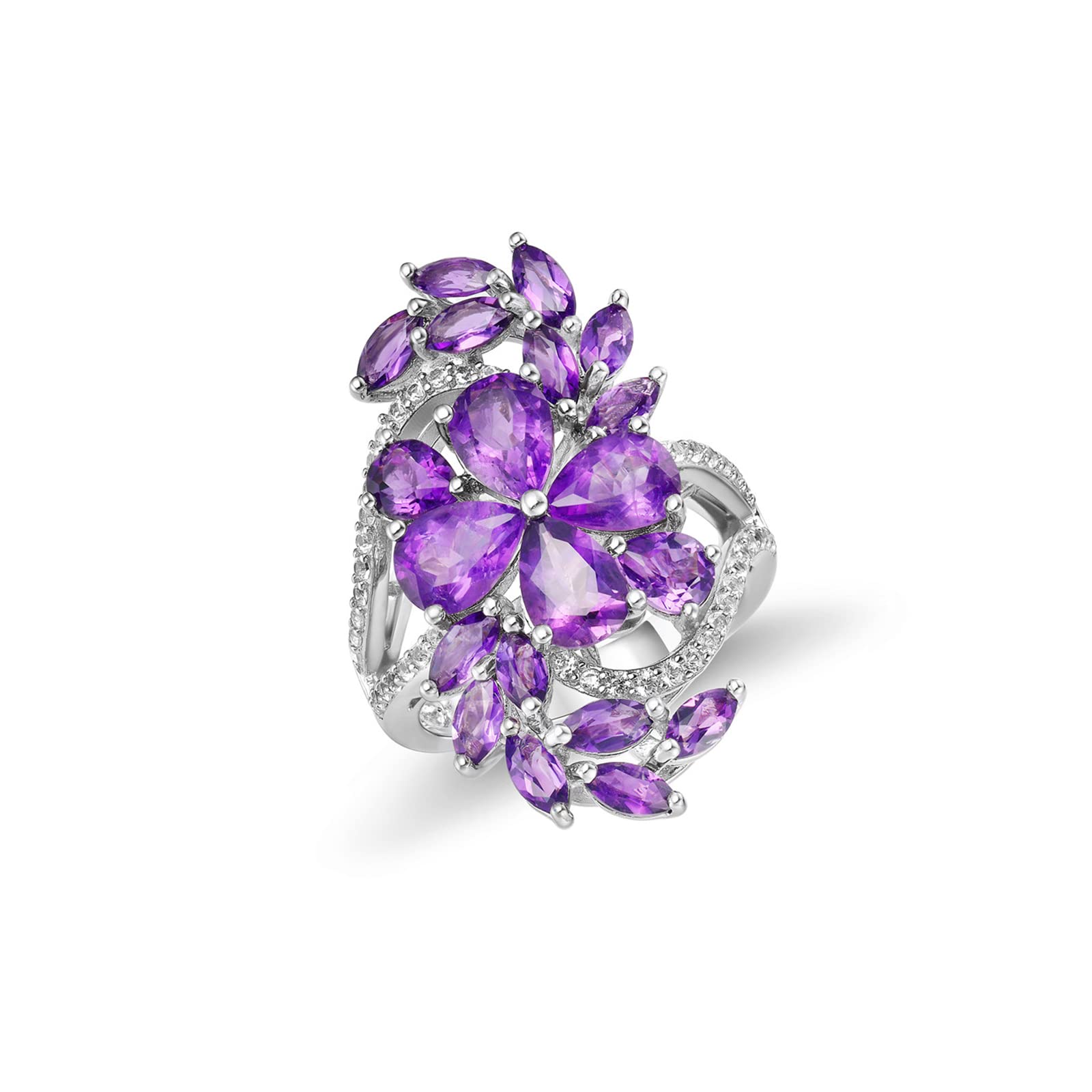 supermodel Nature Leaf Flower Ring Long Statement Cocktail Finger Accessories for Women Sterling Silver Wide Band Purple Amethyst Gemstone Ring Size 8