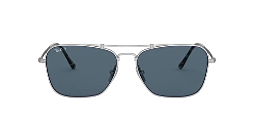 Ray-Ban RB8136M Caravan Titanium Square Sunglasses, Demi Gloss Silver/Polarized Blue Mirrored Gold, 58 mm