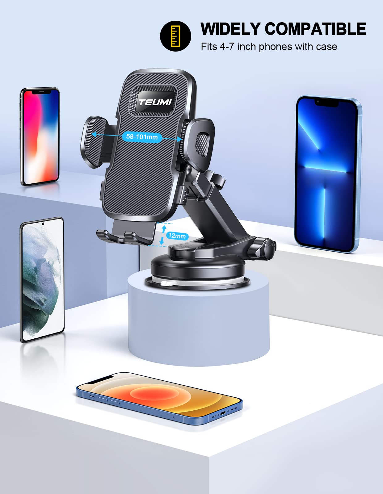 TEUMI Phone Mount for Car, [Military-Grade Super Suction] Car Phone Holder Mount, 360° Rotate Cell Phone Holder Car Dashboard Windshield Car Mount Compatible with iPhone 13 12 11 Pro Max, 4”-7”