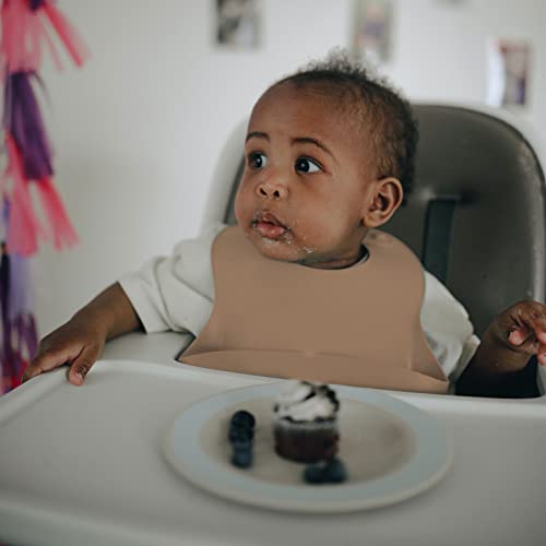 vuminbox Silicone Baby Bib with 2 Holes for Paper Towel, Adjustable Fit Waterproof Soft Bibs for Babies & Toddlers (10-72 Months) (Cigar + Light Orange + White Snow)