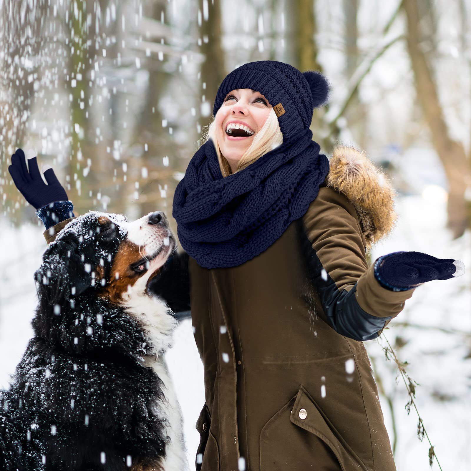 URATOT Winter Warm Sets Knitted Scarf Beanie Pompom Hat Touch Screen Gloves and Winter Ear Warmer Set for Men or Women