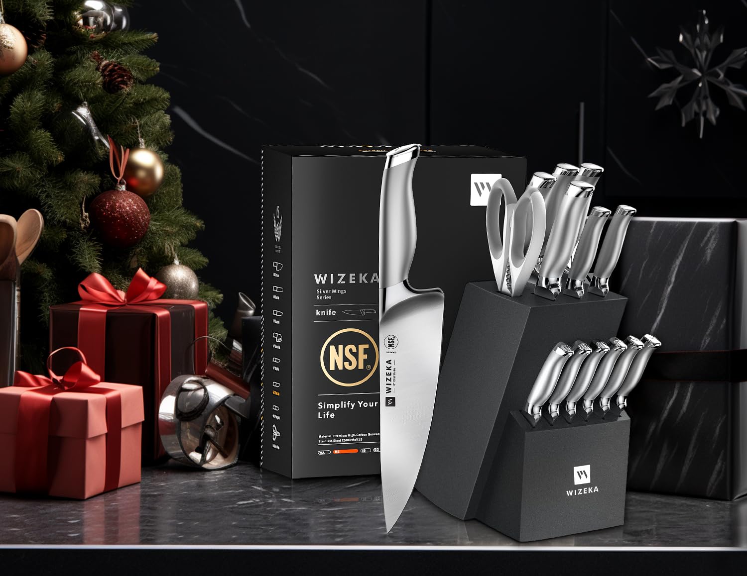 WIZEKA Kitchen Knife Set with Block, 15PCS Dishwasher Safe Knife Block Set with Sharpener, One-Piece German Stainless Steel Kitchen Knives, Silver Wings Series, Best Gifts for Him Her