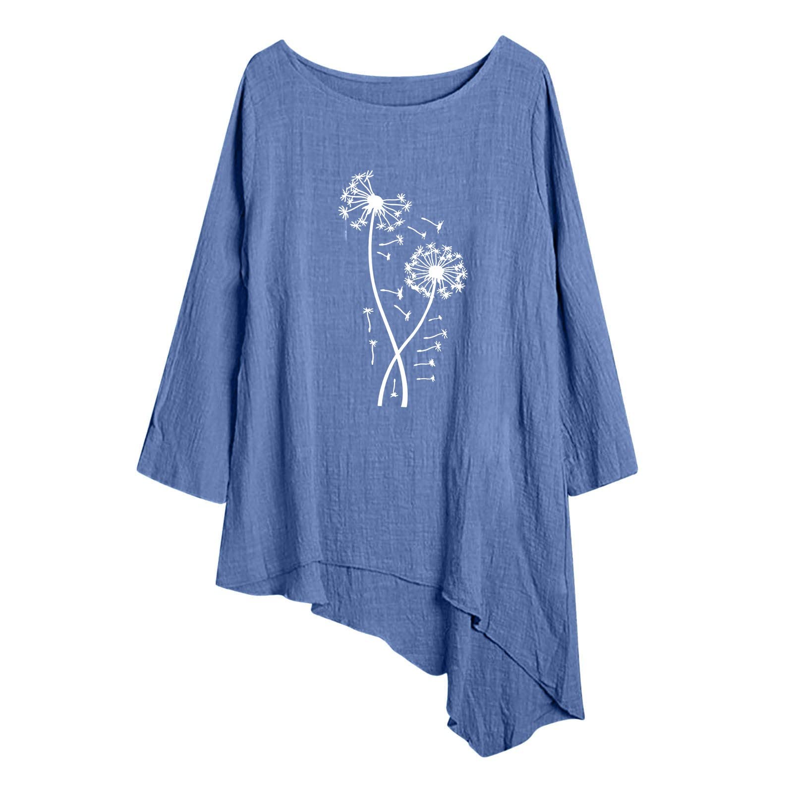 Women‘s Irregular Cotton Linen Tops Loose Printed Pullover Round Neck Shirts Fashion Thin Comfy Long Sleeve T Shirts